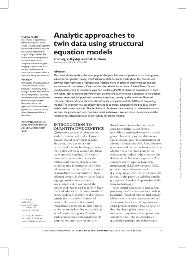 (PDF) Analytic approaches to twin data using structural equation models