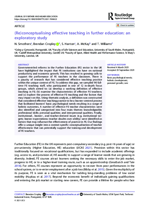 (PDF) Reconceptualising effective teaching in further education: an ...