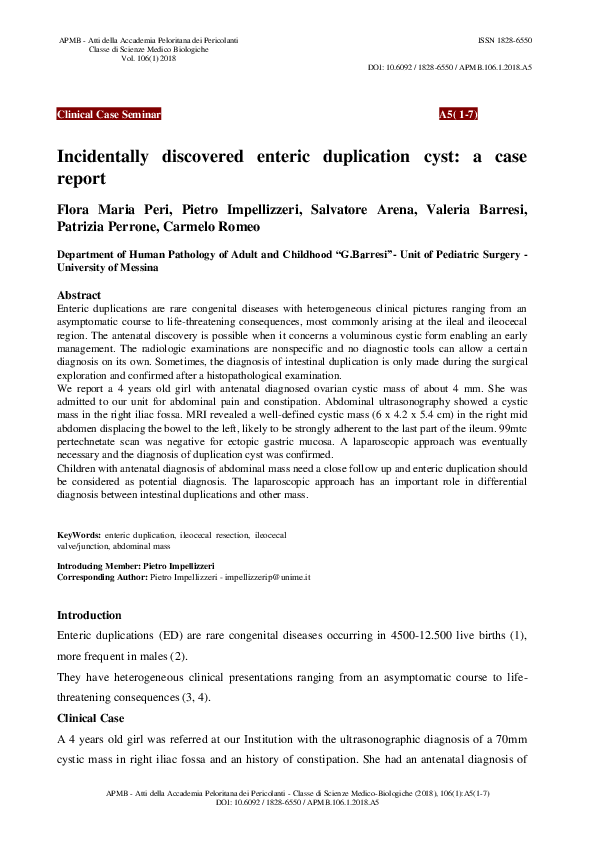 (PDF) Incidentally discovered enteric duplication cyst: a case report