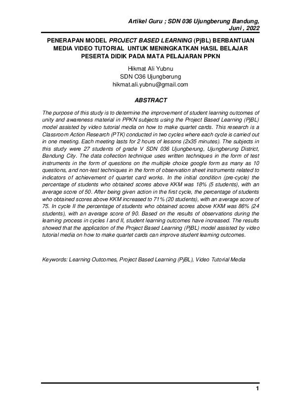 (PDF) PENERAPAN MODEL PROJECT BASED LEARNING (PjBL) BERBANTUAN MEDIA VIDEO TUTORIAL UNTUK ...