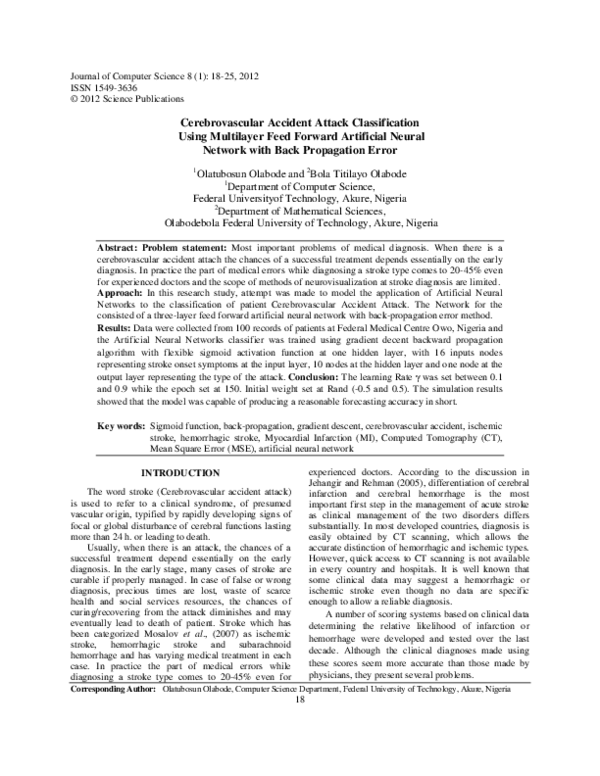 (PDF) Cerebrovascular Accident Attack Classification Using Multilayer Feed Forward Artificial ...