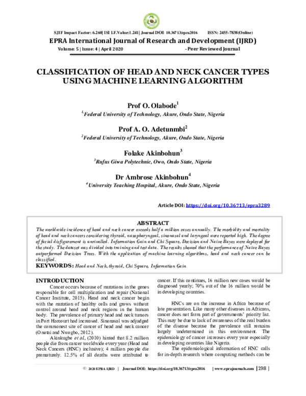 (PDF) Classification of Head and Neck Cancer Types Using Machine ...
