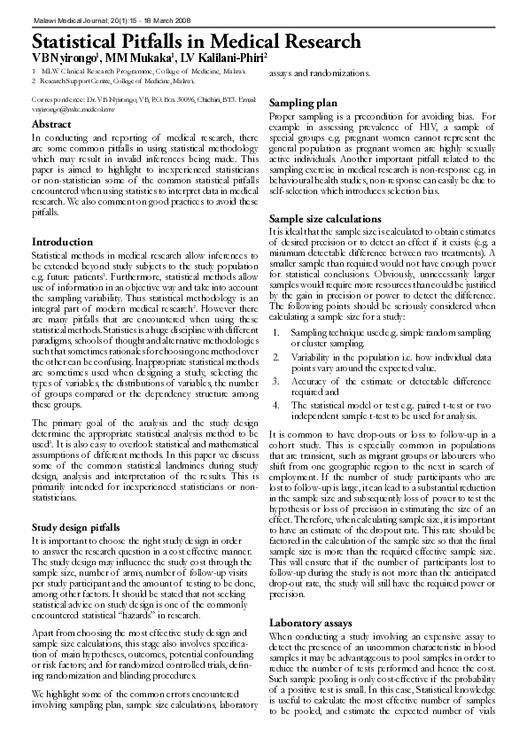 Pdf Statistical Pitfalls In Medical Research