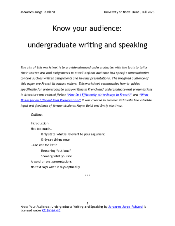 (DOC) Know Your Audience: Undergraduate Writing and Speaking