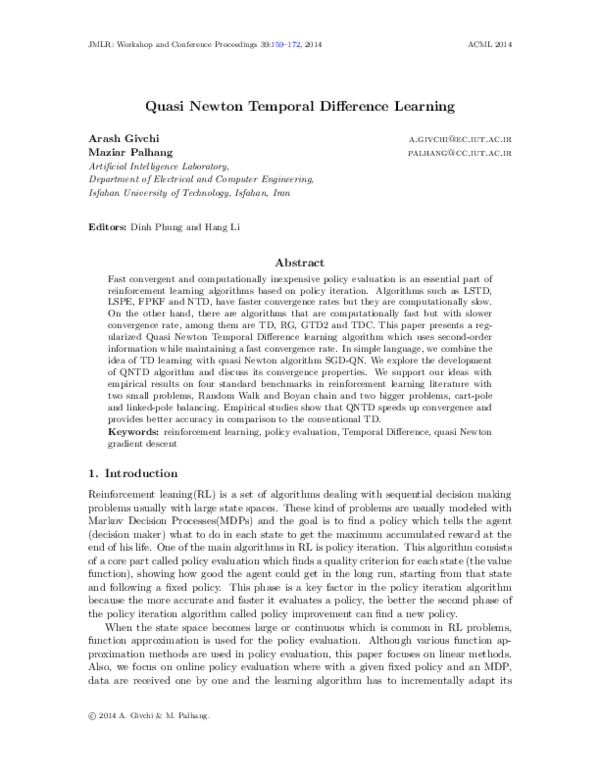 (PDF) Quasi-Newton Temporal Difference Learning