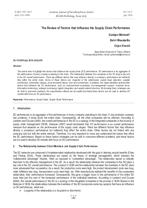 (PDF) The Review of Factors that Influence the Supply Chain Performance