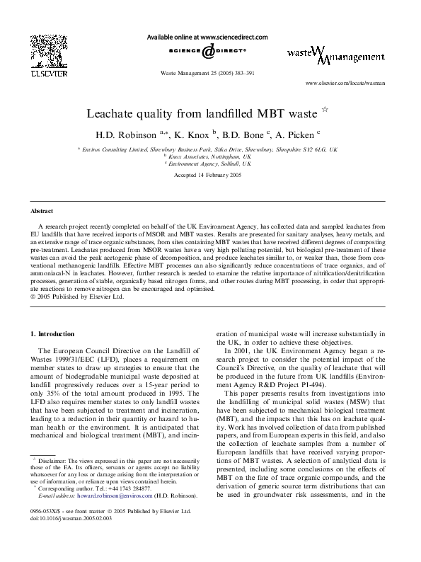 (PDF) Leachate quality from landfilled MBT waste