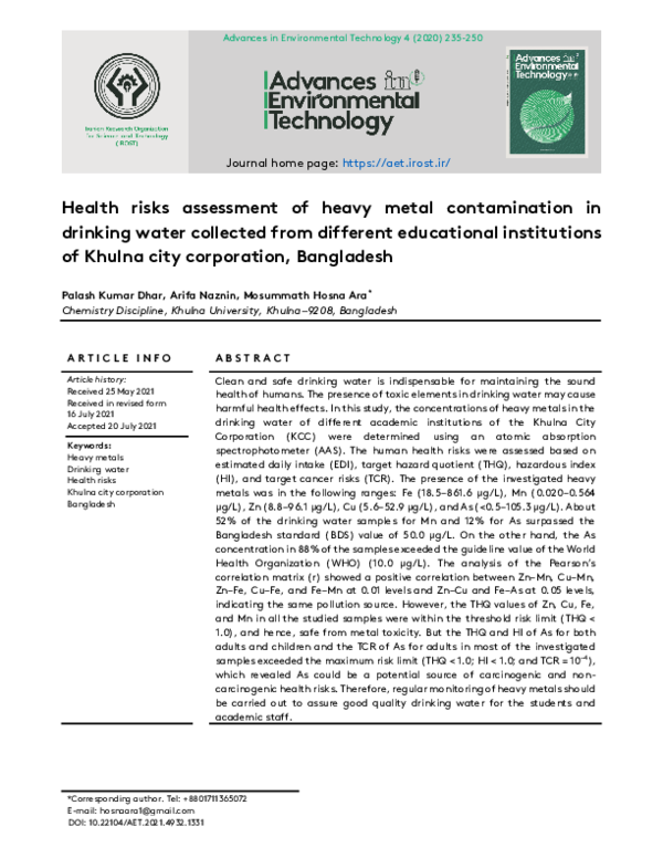 (PDF) Health risks assessment of heavy metal contamination in drinking ...