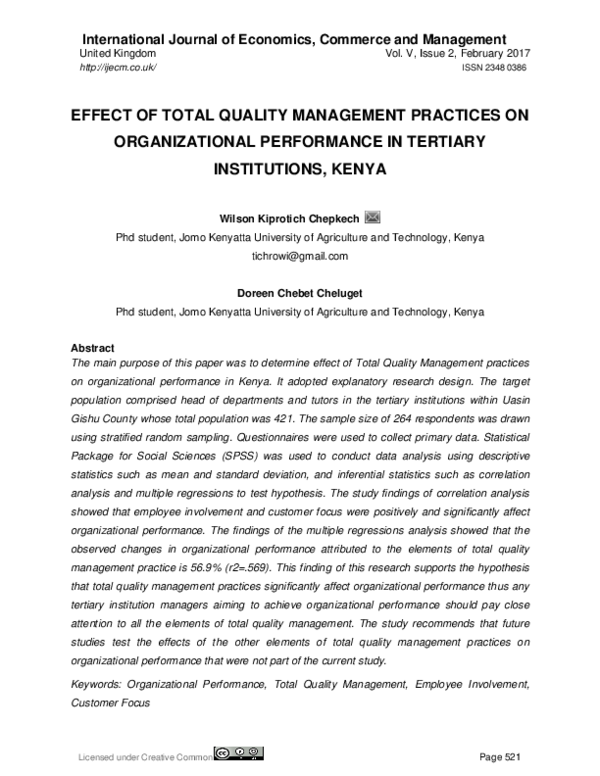 (PDF) Effect of Total Quality Management Practices on Organizational Performance: A Case of Bba ...