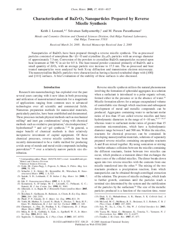 (PDF) Characterization of BaZrO3 Nanoparticles Prepared by Reverse Micelle Synthesis
