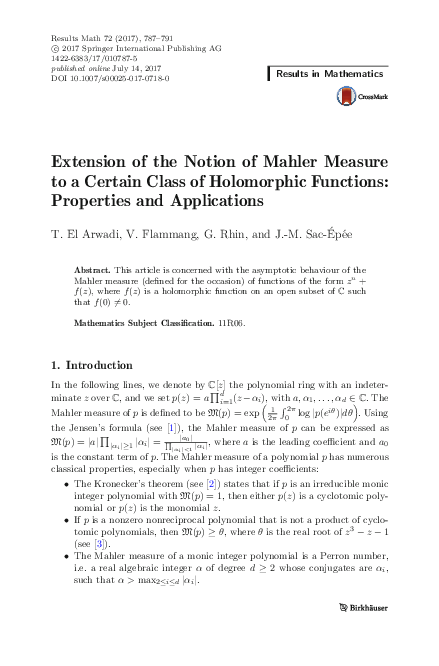 Pdf Extension Of The Notion Of Mahler Measure To A Certain Class Of Holomorphic Functions