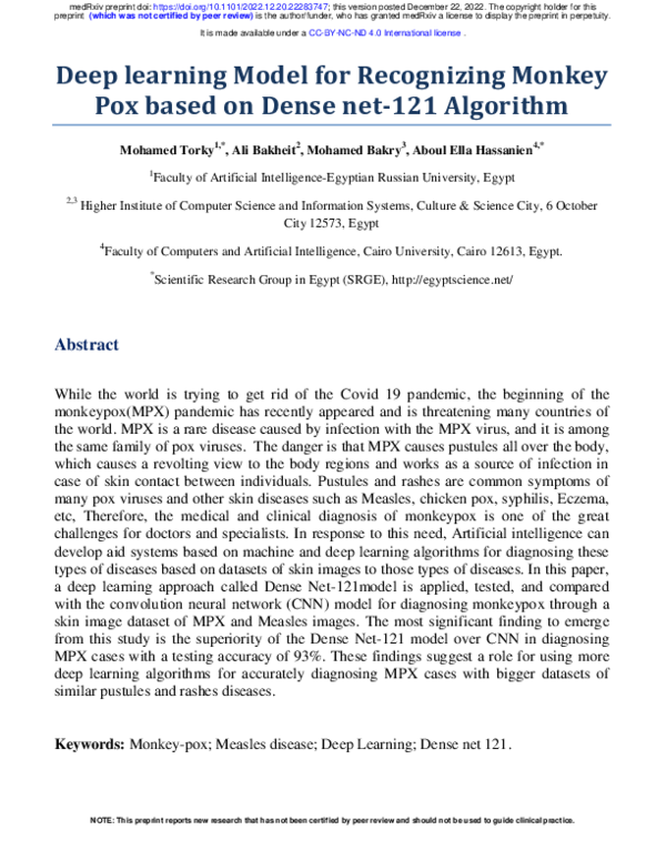 (PDF) Deep learning Model for Recognizing Monkey Pox based on Dense net-121 Algorithm