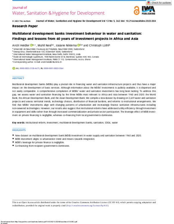 (PDF) Multilateral development banks investment behaviour in water and ...