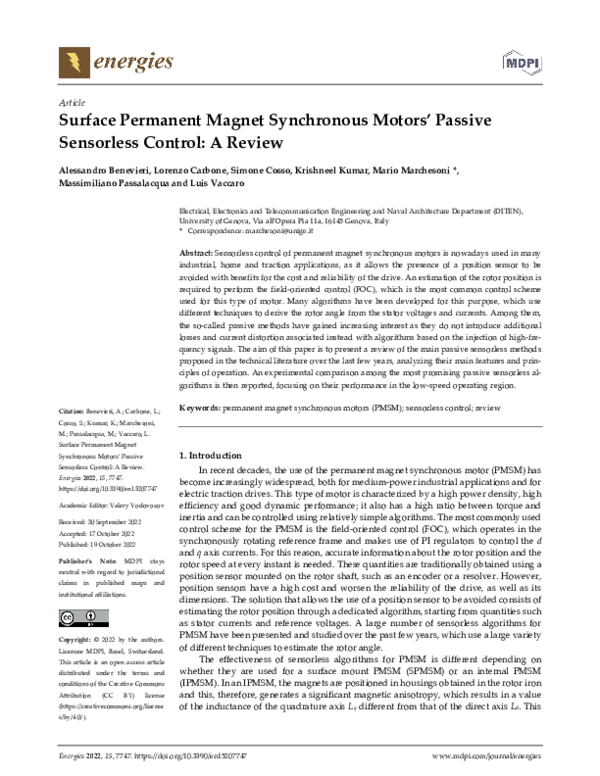 Pdf Surface Permanent Magnet Synchronous Motors Passive Sensorless Control A Review Luis