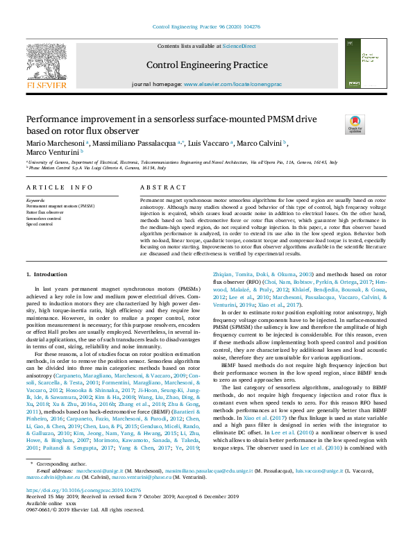 Pdf Performance Improvement In A Sensorless Surface Mounted Pmsm Drive Based On Rotor Flux