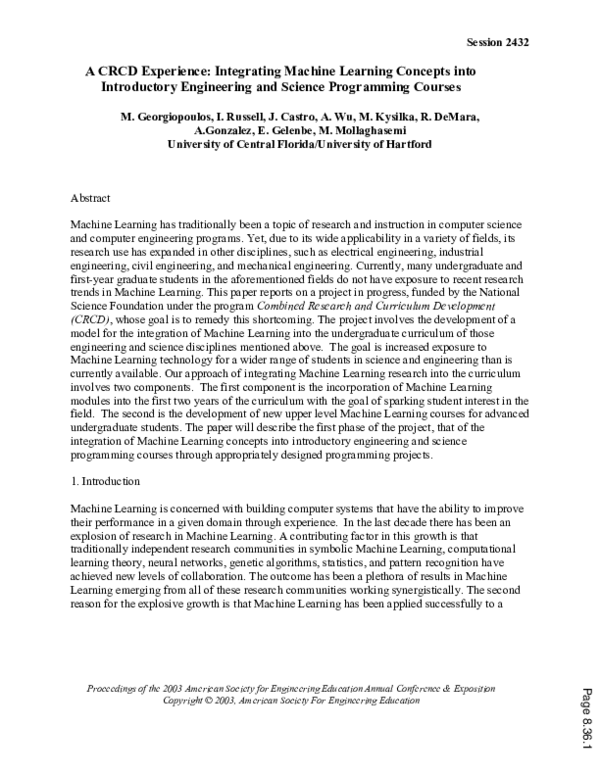 Pdf A Crcd Experience Integrating Machine Learning Concepts Into Introductory Engineering And