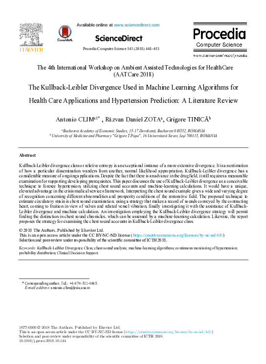 (PDF) The Kullback-Leibler Divergence Used in Machine Learning Algorithms for Health Care ...