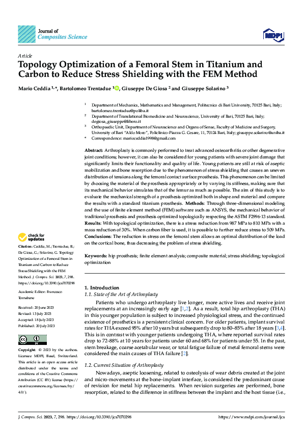 Pdf Topology Optimization Of A Femoral Stem In Titanium And Carbon To Reduce Stress Shielding