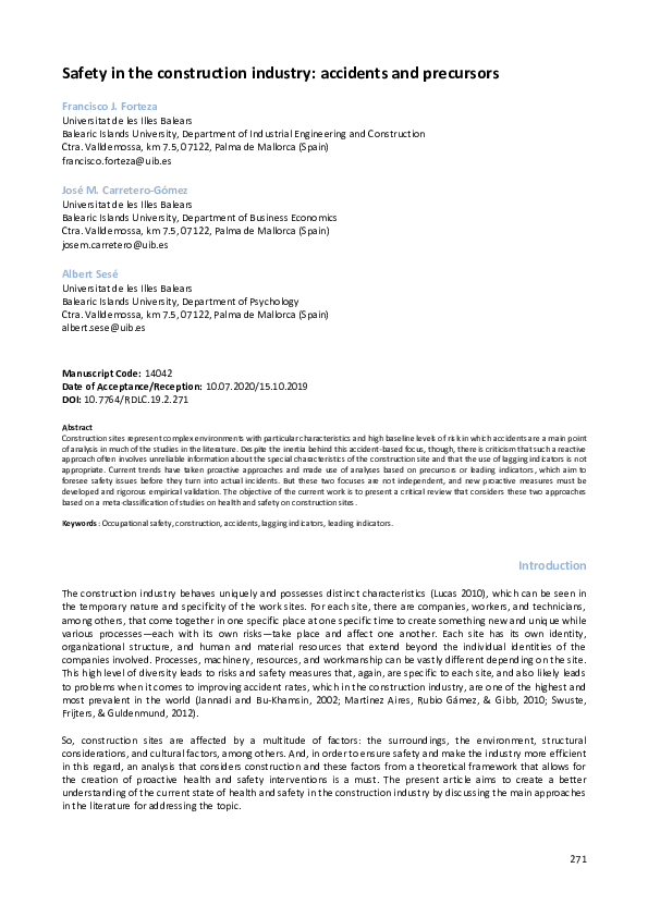 (PDF) Safety in the construction industry: accidents and precursors