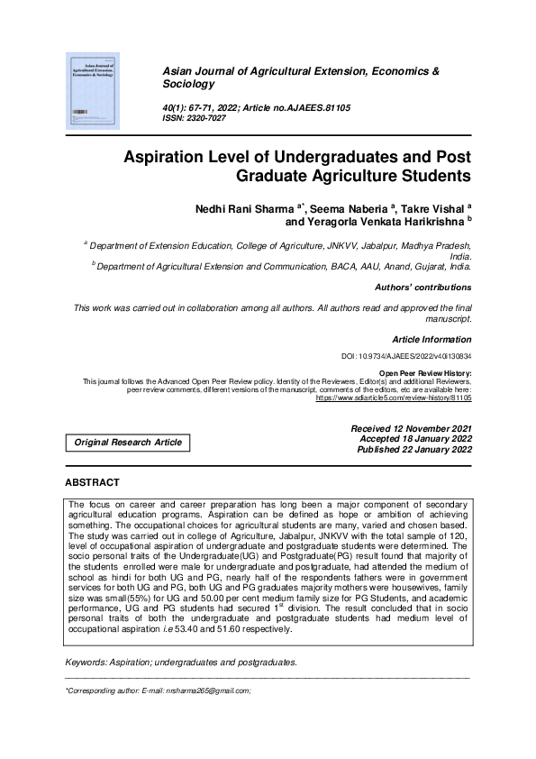 (PDF) Aspiration Level of Undergraduates and Post Graduate Agriculture ...