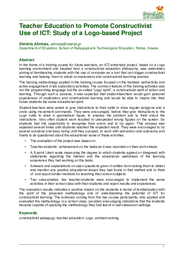 (PDF) Teacher Education to Promote Constructivist Use of ICT: Study of a Logo-based Project
