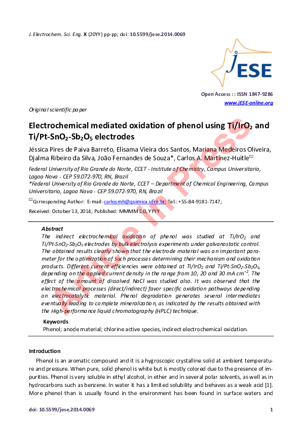 (PDF) Electrochemical mediated oxidation of phenol using Ti/IrO2 and Ti/Pt-SnO2-Sb2O5 electrodes
