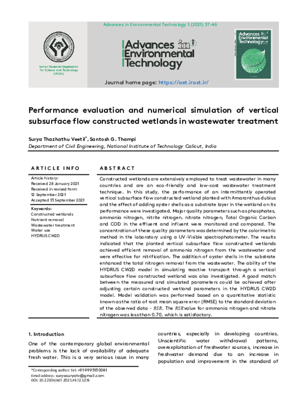 (PDF) Performance evaluation and numerical simulation of vertical subsurface flow constructed ...
