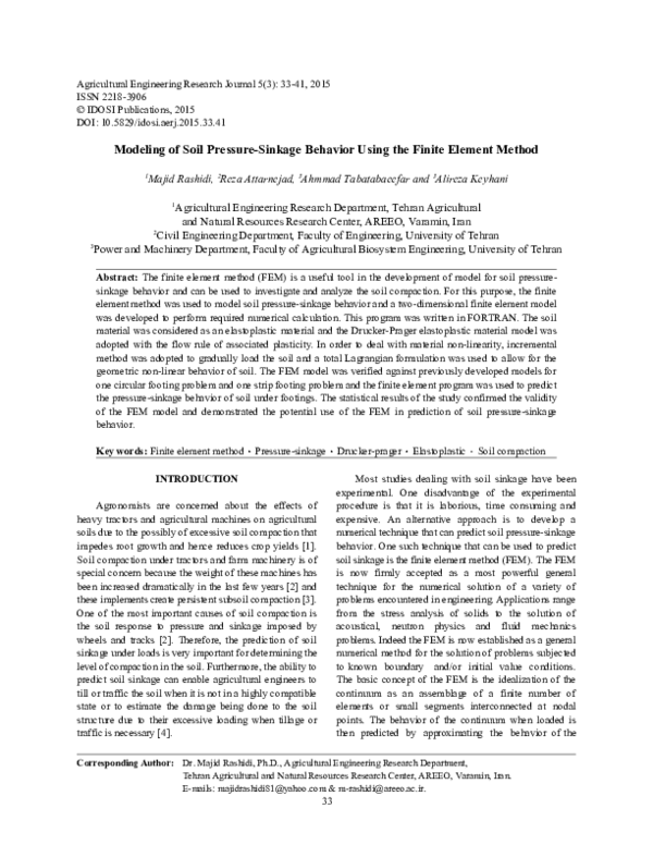 (PDF) Modeling of Soil Pressure-Sinkage Behavior Using the Finite Element Method