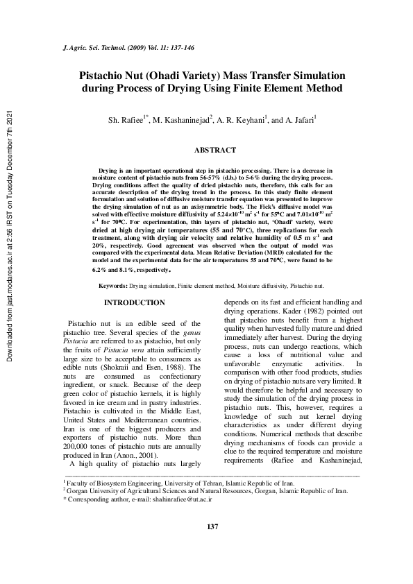 (PDF) Pistachio Nut (Ohadi Variety) Mass Transfer Simulation during Process of Drying Using ...