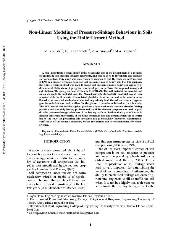 (PDF) Non-Linear Modeling of Pressure-Sinkage Behaviour in Soils Using the Finite Element Method