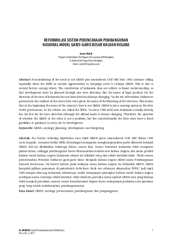 (PDF) Reformulasi Sistem Perencanaan Pembangunan Nasional Model Garis ...