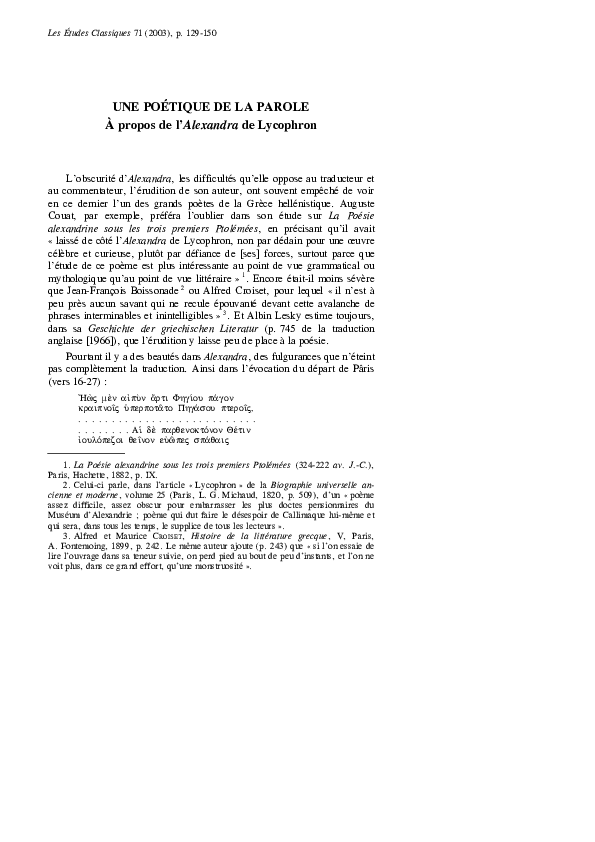 (PDF) Une poétique de la parole: à propos de l'"Alexandra" de Lycophron