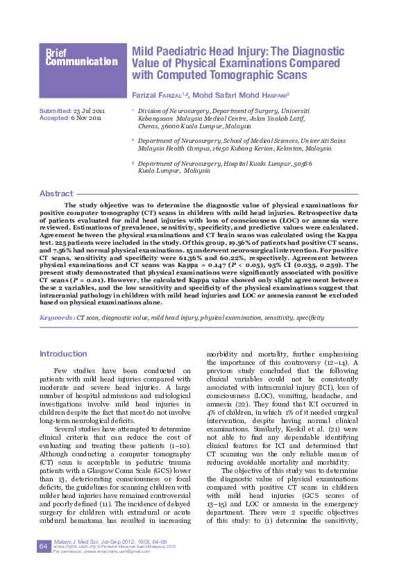 (PDF) Mild paediatric head injury: the diagnostic value of physical ...