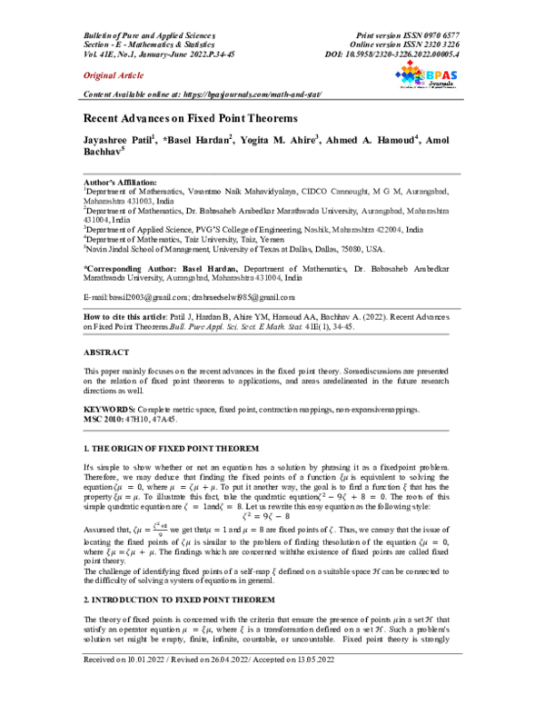 (PDF) Recent Advances on Fixed Point Theorems