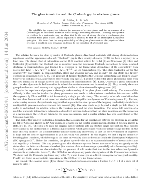 (PDF) Coulomb Gap and Glass Transition in Electron Systems