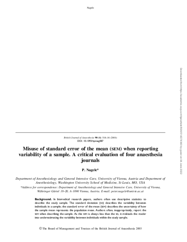 (PDF) Misuse of standard error of the mean (sem) when reporting ...