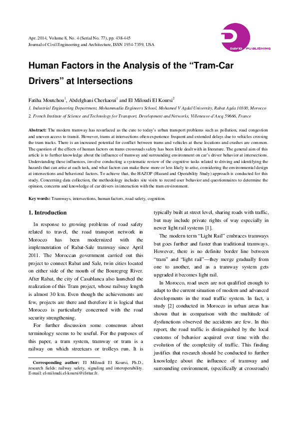 (PDF) Human Factors in the Analysis of the “Tram-Car Drivers” at Intersections
