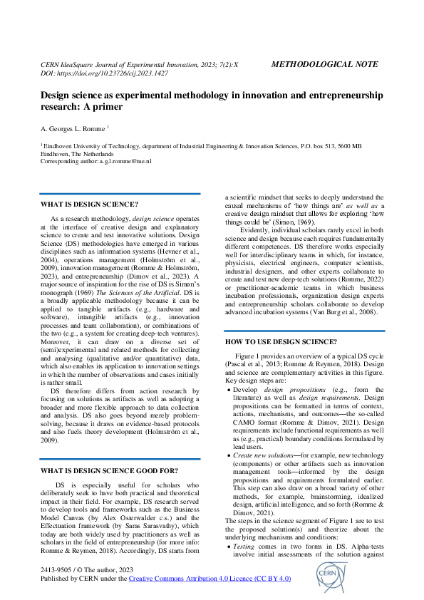 (PDF) Design science as experimental methodology in innovation and entrepreneurship research: A ...