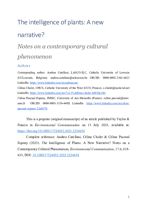 (PDF) The Intelligence of Plants: A New Narrative? Notes on a ...