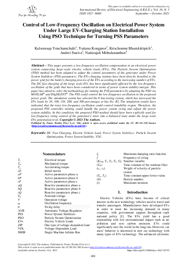 (PDF) Control of Low-Frequency Oscillation on Electrical Power System Under Large EV-Charging ...