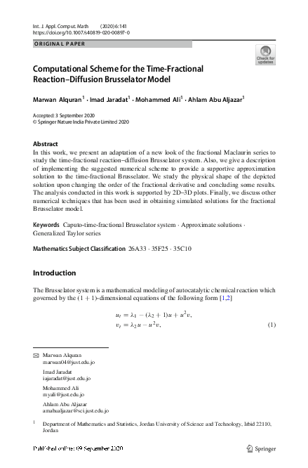 Pdf Computational Scheme For The Time Fractional Reaction Diffusion