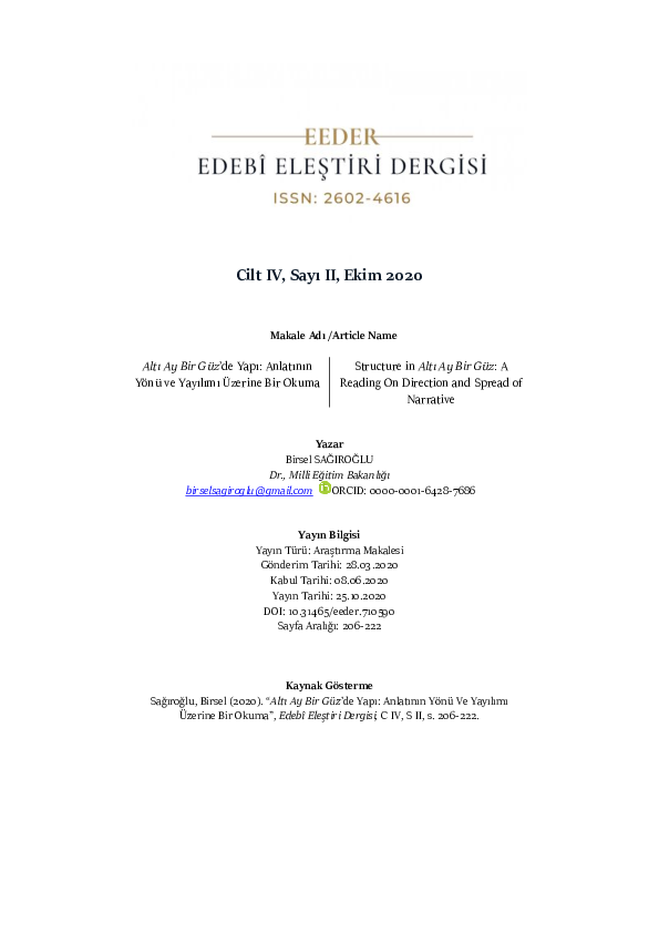 (PDF) Anlatinin Söylemi̇: Alti Ay Bi̇r Güz’De Yapisal Meseleler