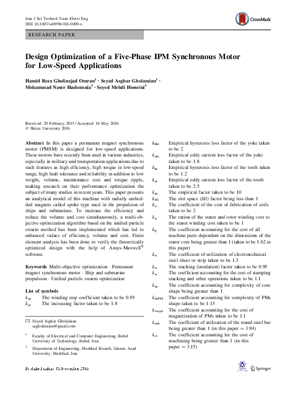 (PDF) Design Optimization of a Five-Phase IPM Synchronous Motor for Low-Speed Applications