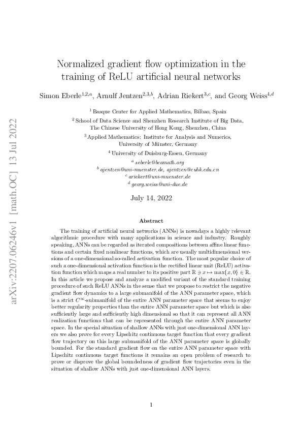 Pdf Normalized Gradient Flow Optimization In The Training Of Relu Artificial Neural Networks