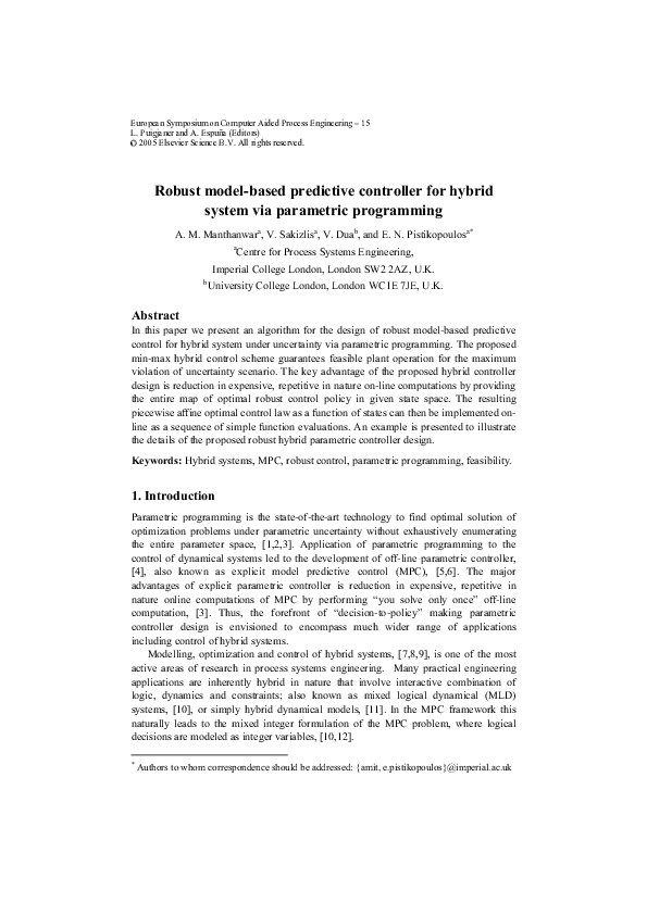 Pdf Robust Model Based Predictive Controller For Hybrid System Via Parametric Programming