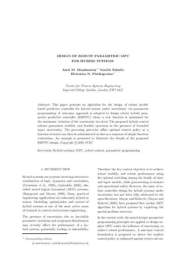 Pdf Design Of Robust Parametric Mpc For Hybrid Systems Amit M Manthanwar
