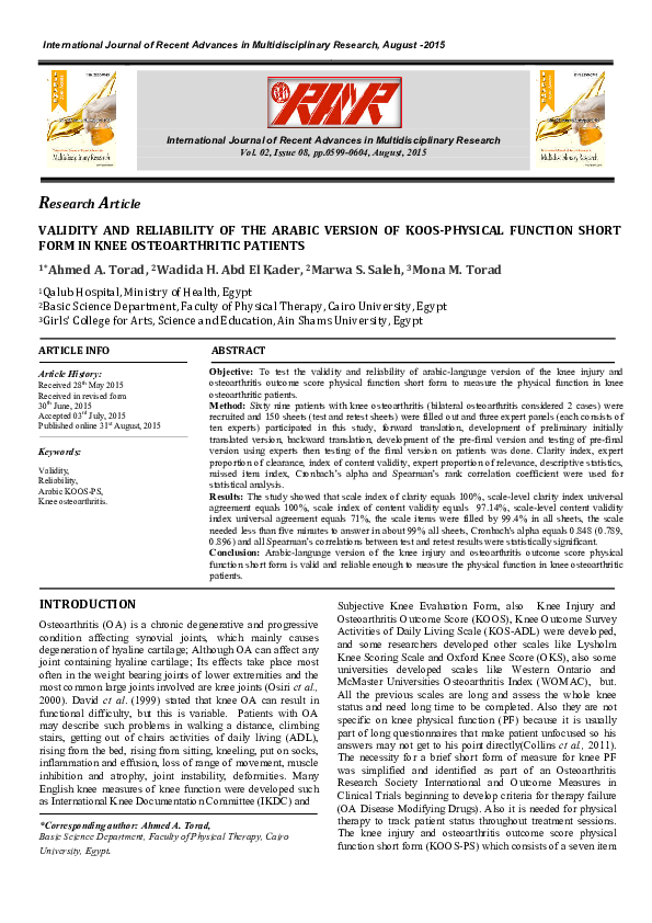 (PDF) Validity and Reliability of the Arabic Version of Koos - Physical ...