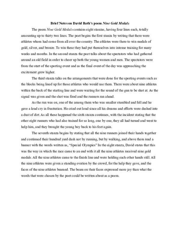 (DOC) Brief Notes on David Roth's poem Nine Gold Medals