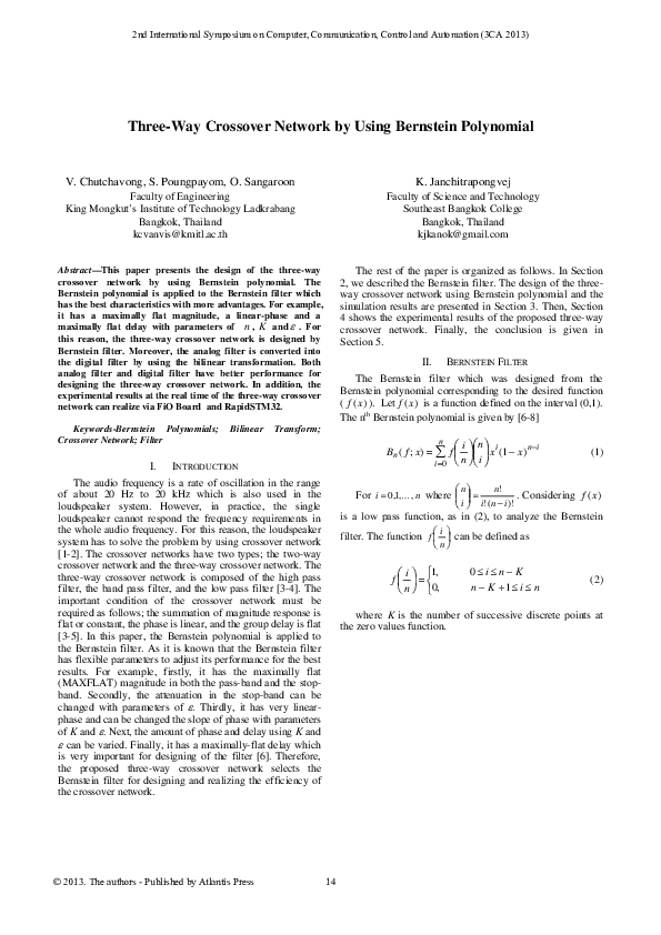 (PDF) Three-Way Crossover Network by Using Bernstein Polynomial | vanvisa chutchavong - Academia.edu