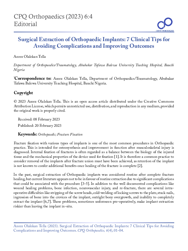 (PDF) Surgical Extraction of Orthopaedic Implants: 7 Clinical Tips for ...